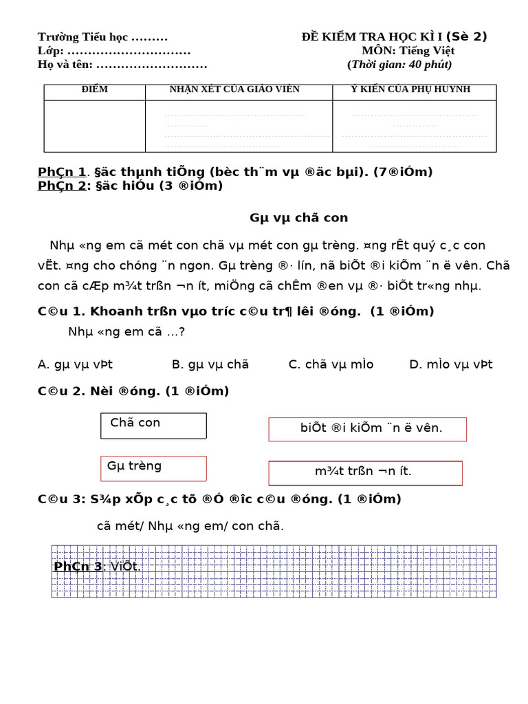 Đề Kt Tiếng Việt Học Kì 1(Số 2) | PDF