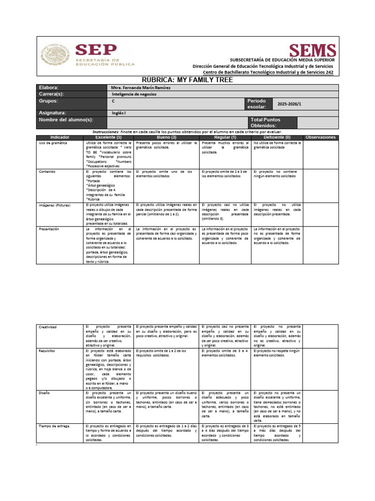 Rúbrica 1C Inglés I Project_My Family Tree (2) | PDF