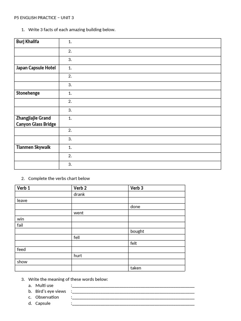 P5 English Practice: Unit 3 Activities | PDF | Linguistic Morphology ...