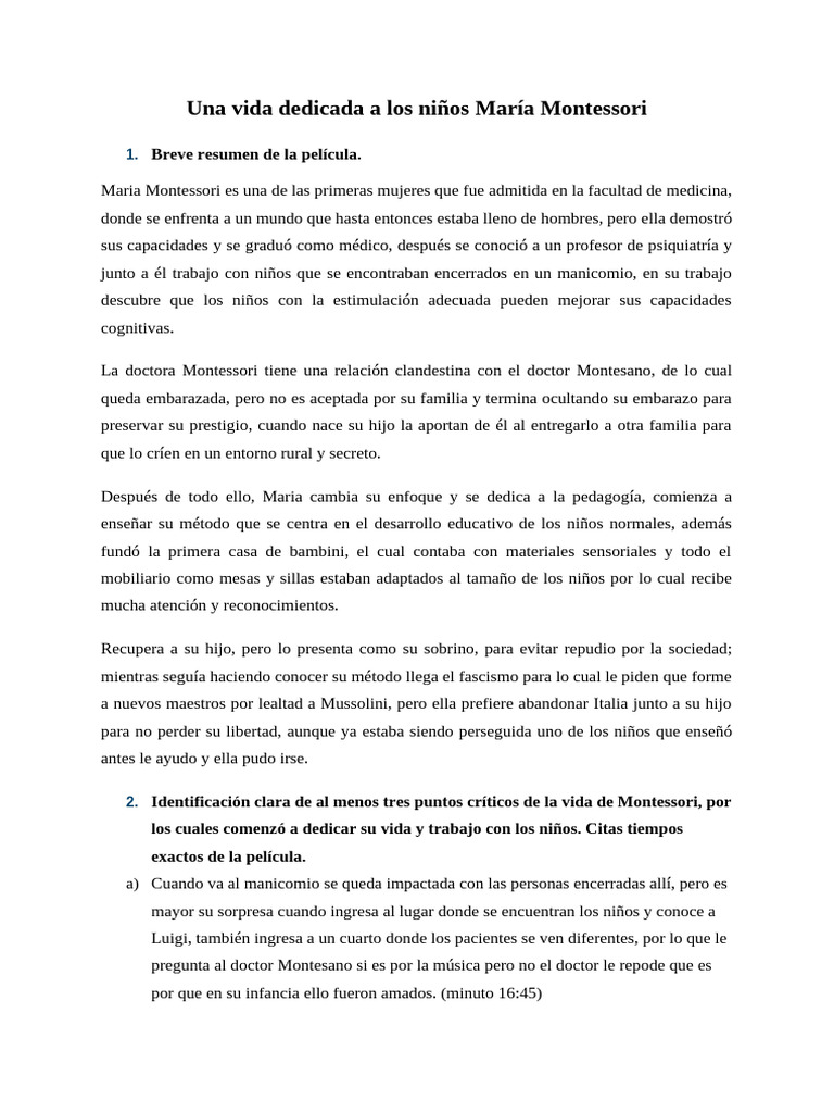 Vida y legado de María Montessori | PDF | Educación Montessori | Sicología
