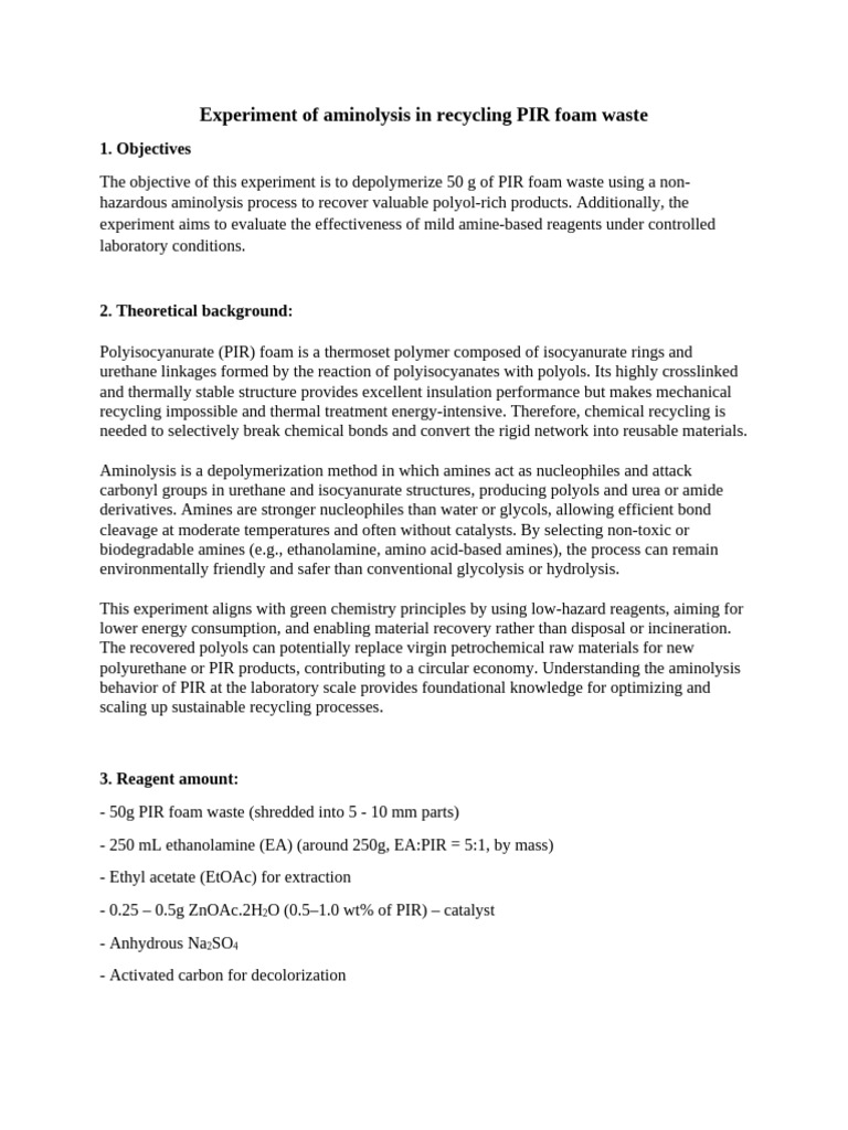 Experiment of Aminolysis in Recycling PIR Foam Waste | PDF ...
