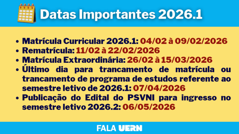 Datas Importantes para 2026.1 | PDF