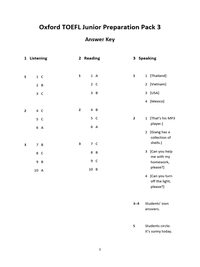 Oxford TOEFL Junior Preparation Pack 3 Answer Keys | PDF | Meal ...