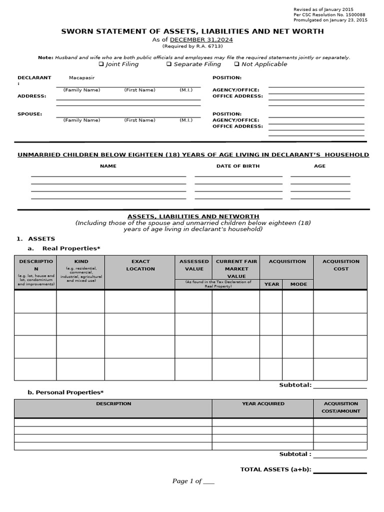 Sworn Statement of Assets & Liabilities | PDF