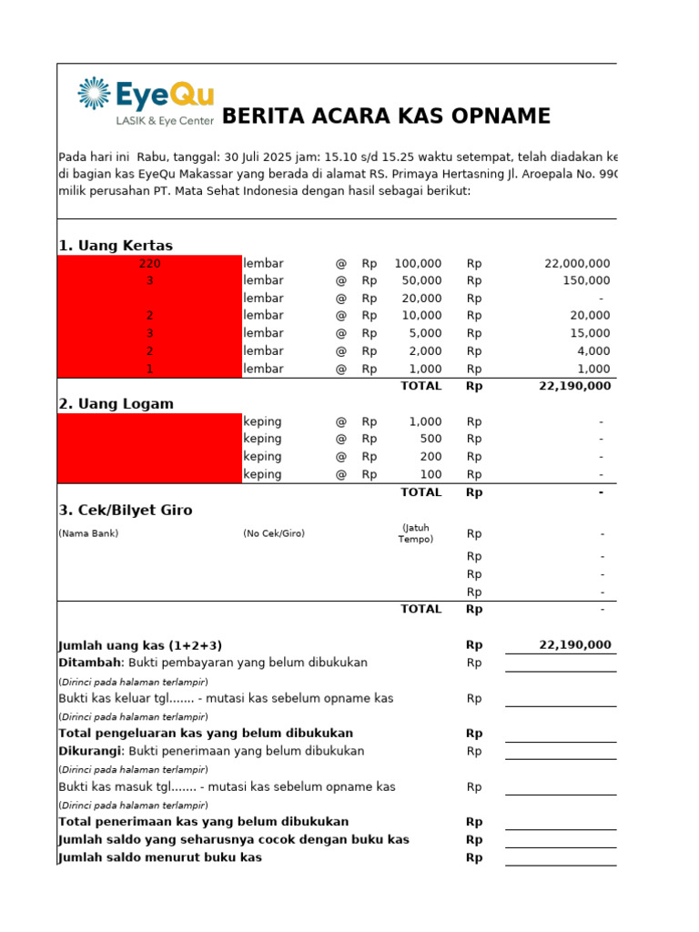 Form - Berita Acara Kas Opname | PDF
