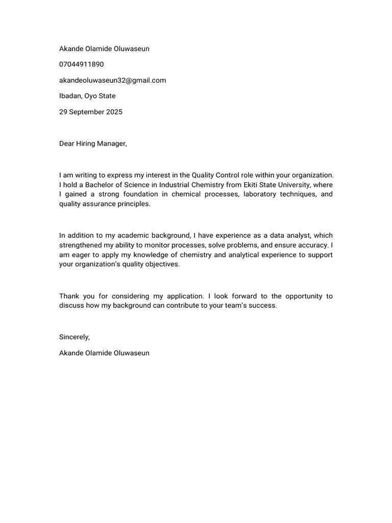 Cover Letter As Quality Control Role | PDF