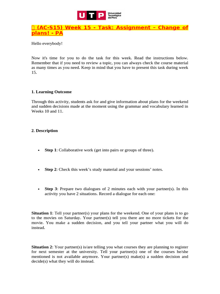 ? (AC-S15) Week 15 - Task Assignment – Change of plans! - PA - INGLES 4 | PDF | Refresco ...