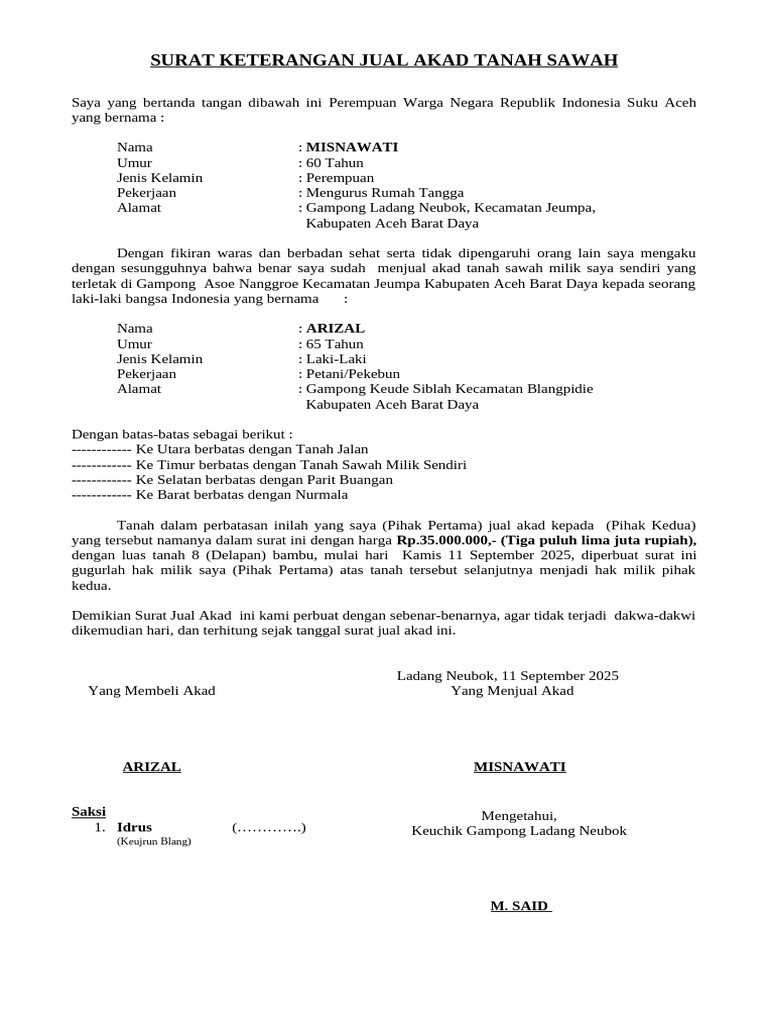 Surat Jual Akad Tanah di Aceh Barat Daya | PDF