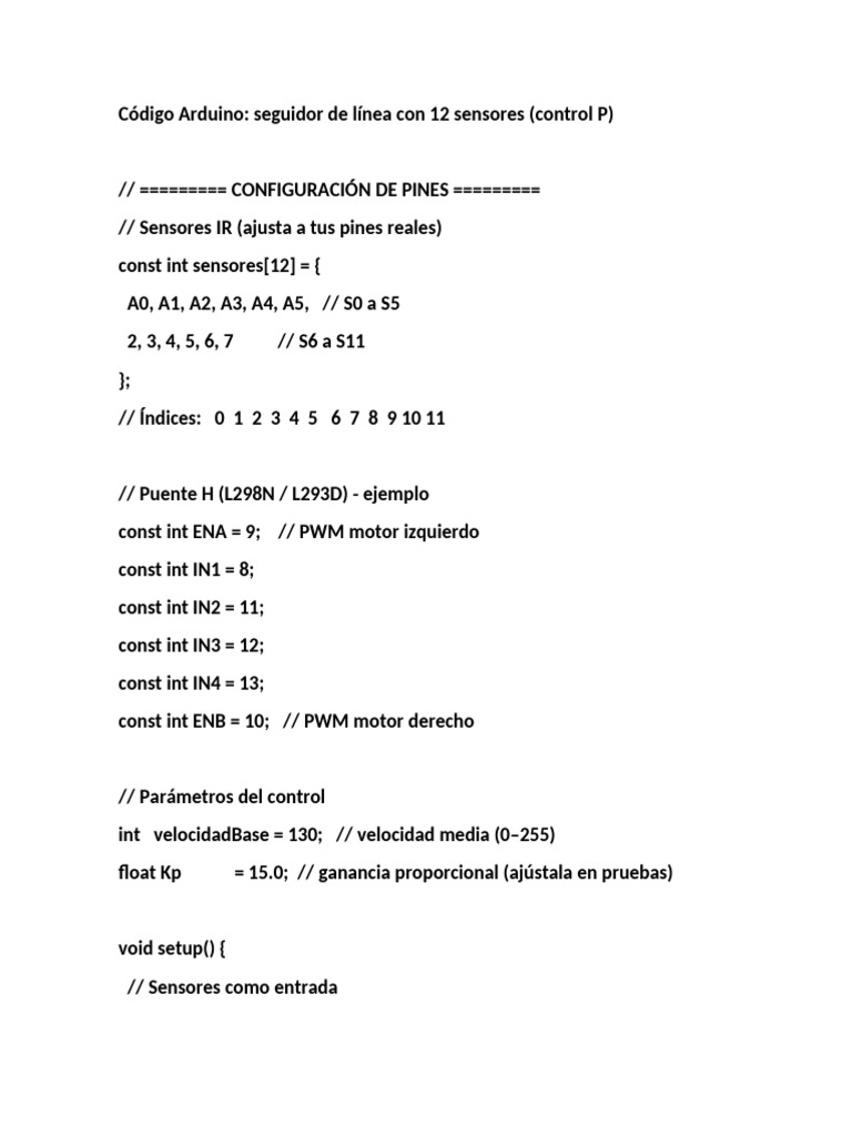 Código Arduino Seguidor de Línea Con 12 Sensores (Control P) | PDF