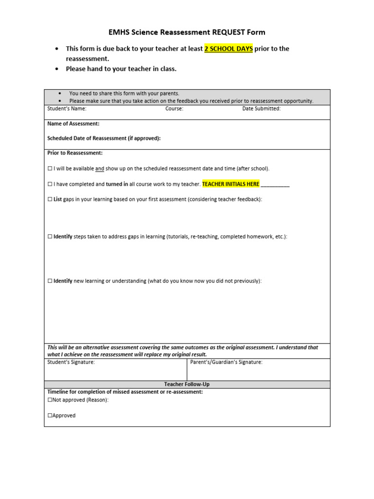 Reassessment Request Form (Science F24) | PDF