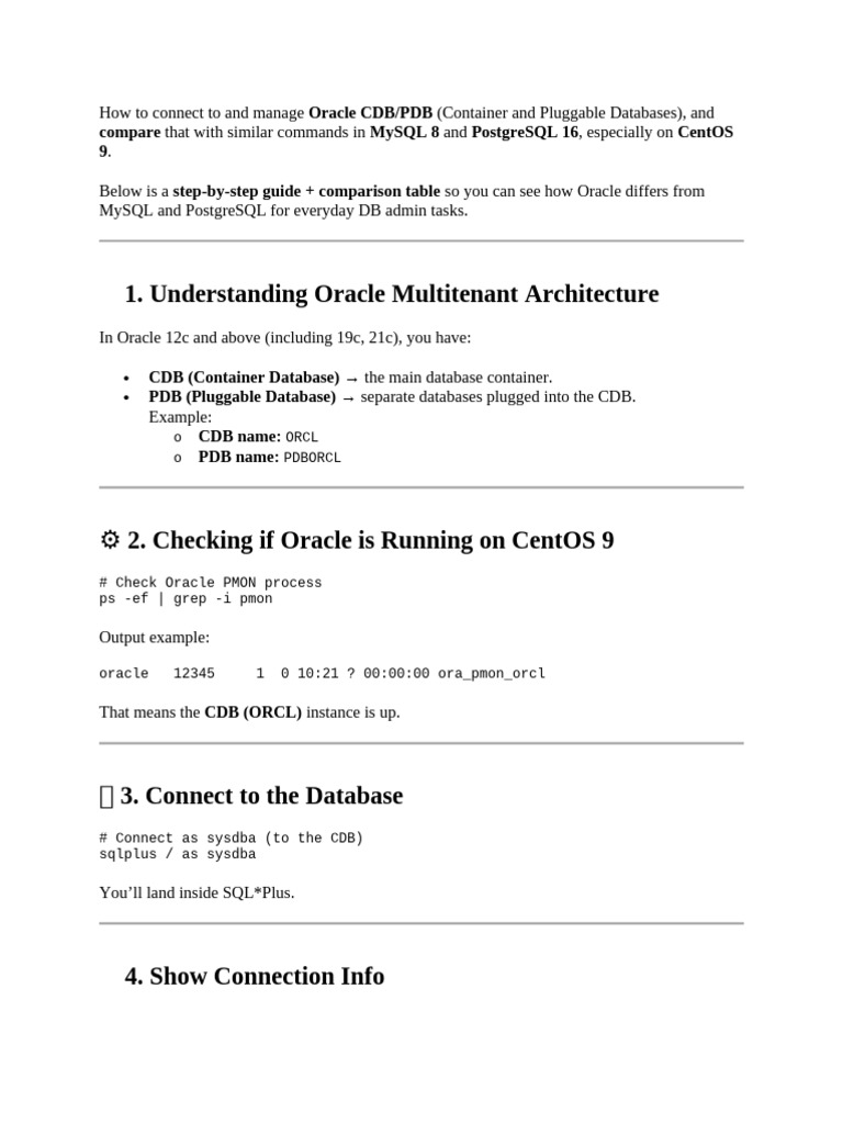 How to connect to and manage Oracle CDB Cheat Sheet | PDF | Postgre Sql ...