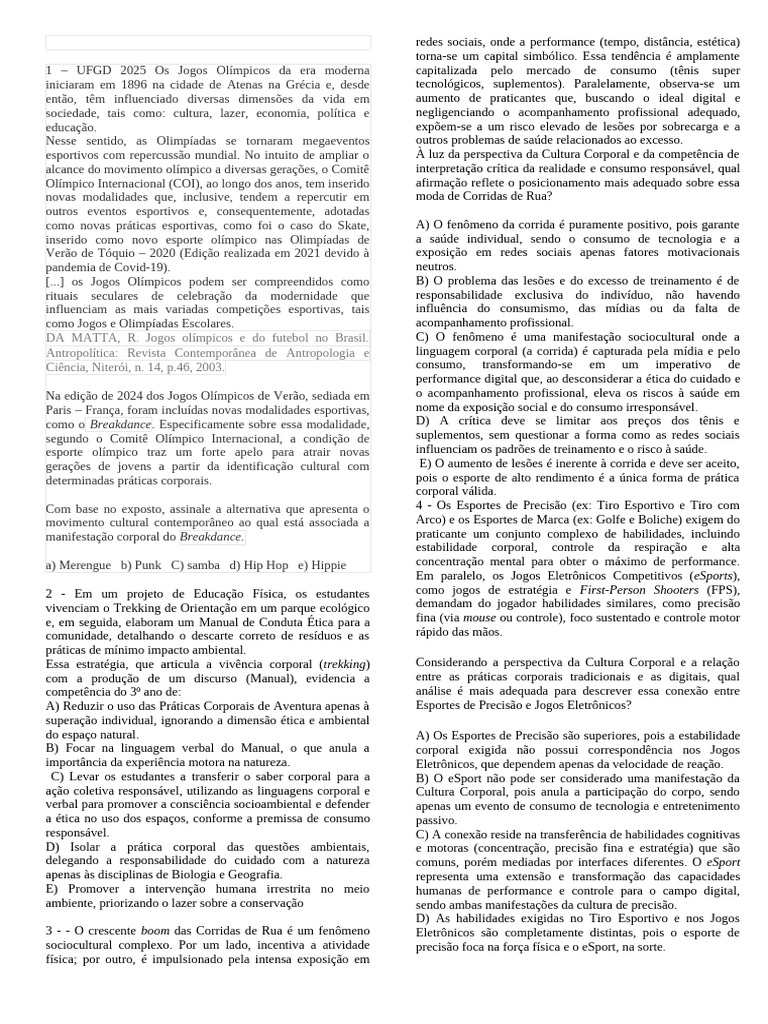 Questões Ssa3 Ed Fisica 2025 | PDF | Jogos Olímpicos | Esportes