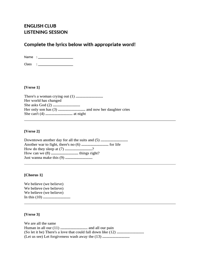 ENGLISH CLUB - Listening 2 - Lyrics | PDF