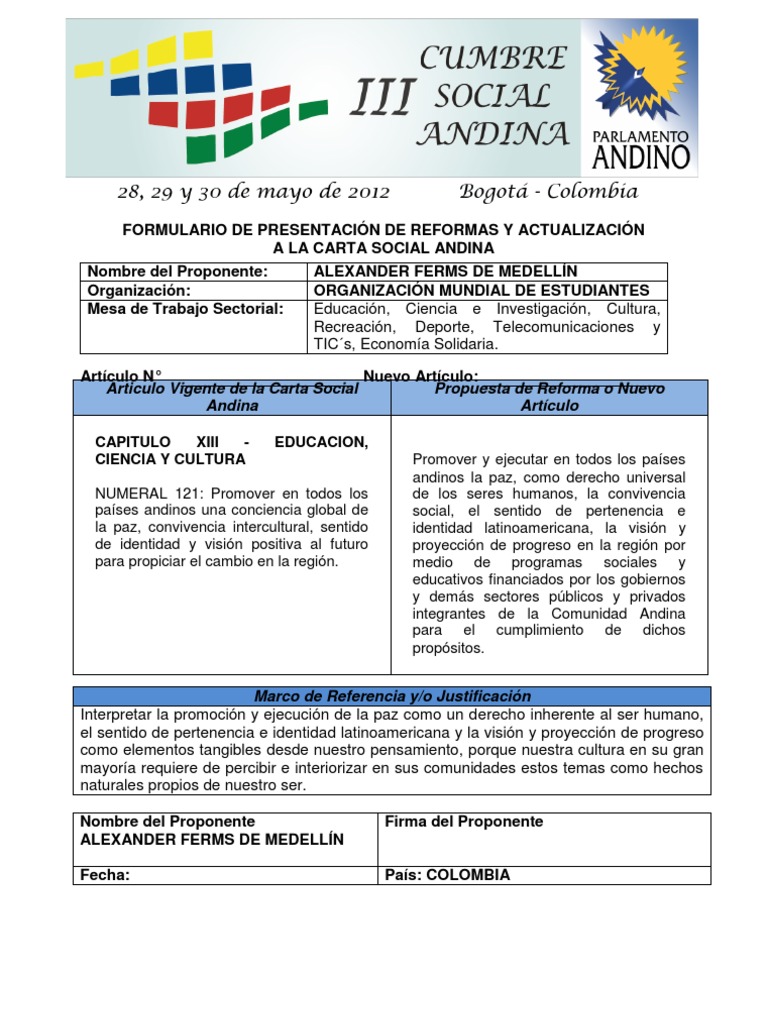 Propuesta de Reforma Art. 121 Carta Social Andina | PDF