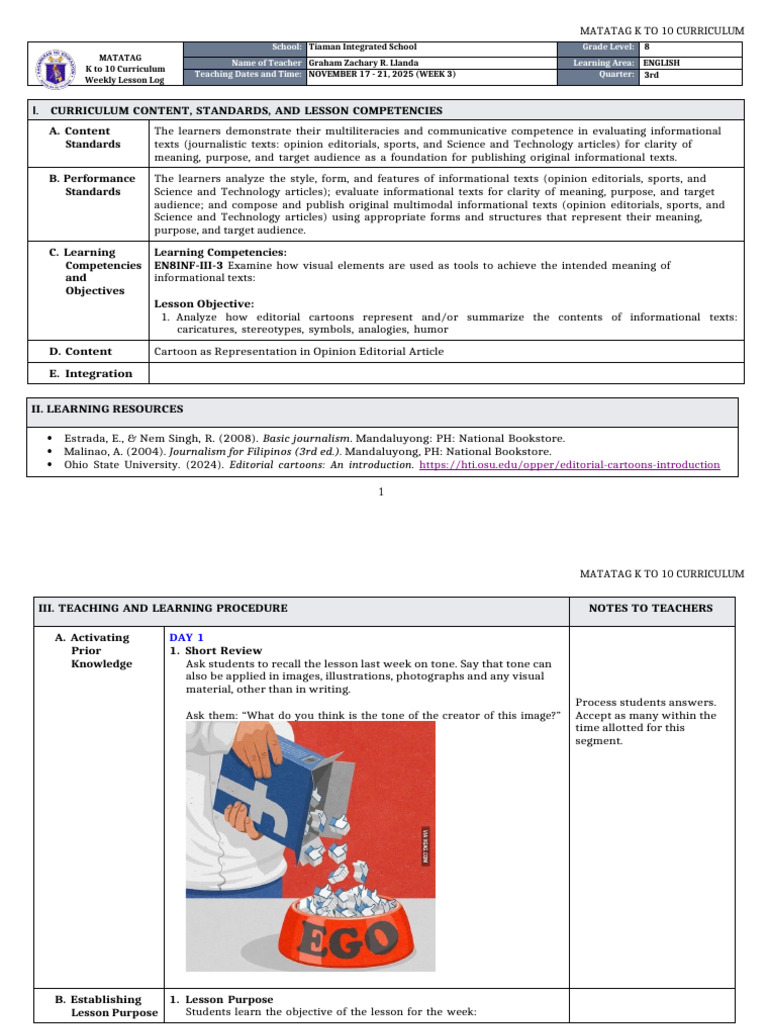 DLL Matatag - English 8 Q3 W3 | PDF | Cartoon | Learning