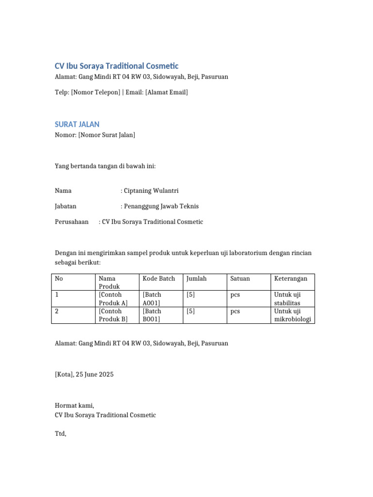 Surat Jalan Pengiriman Sampel Final | PDF