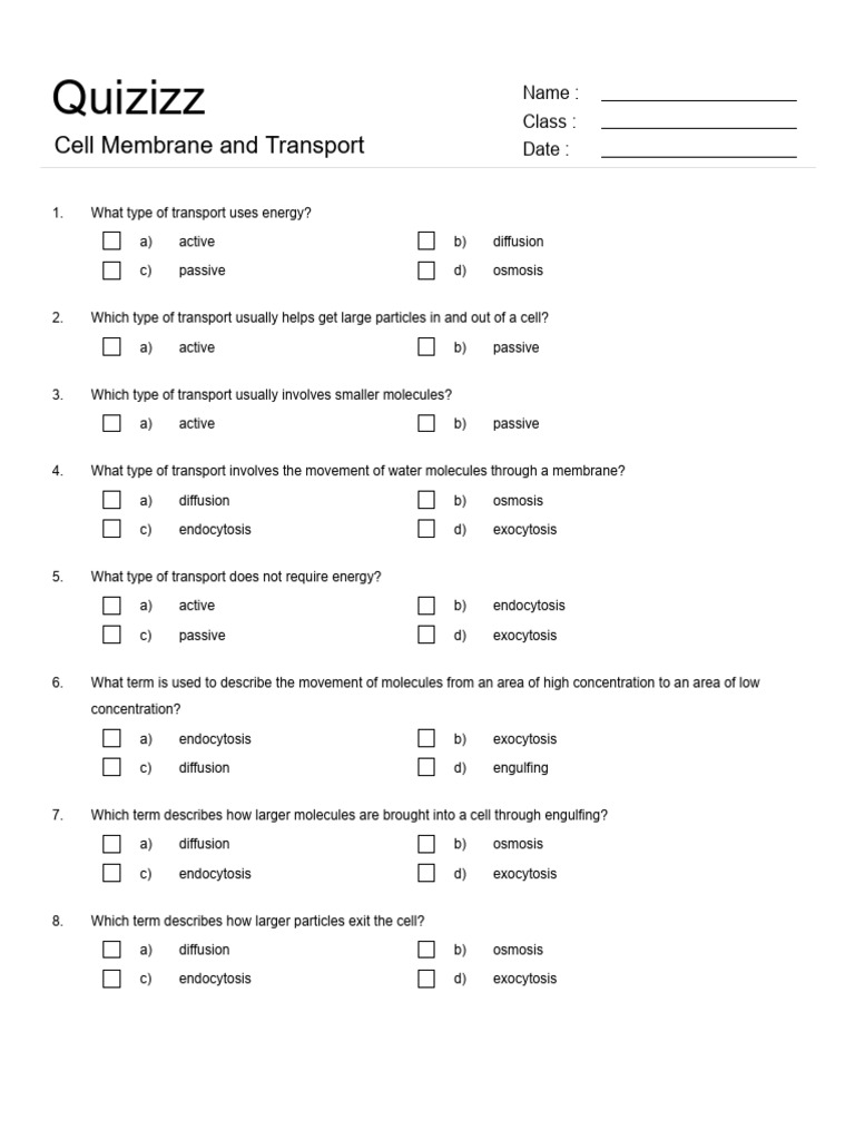 Cell Membrane Transport Quiz Questions | PDF | Osmosis | Cell Biology