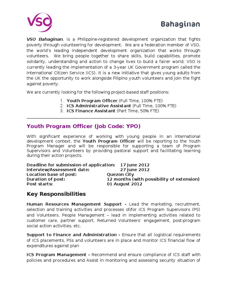 Youth Program Officer (Job Code: YPO) | PDF | Bookkeeping | Volunteering