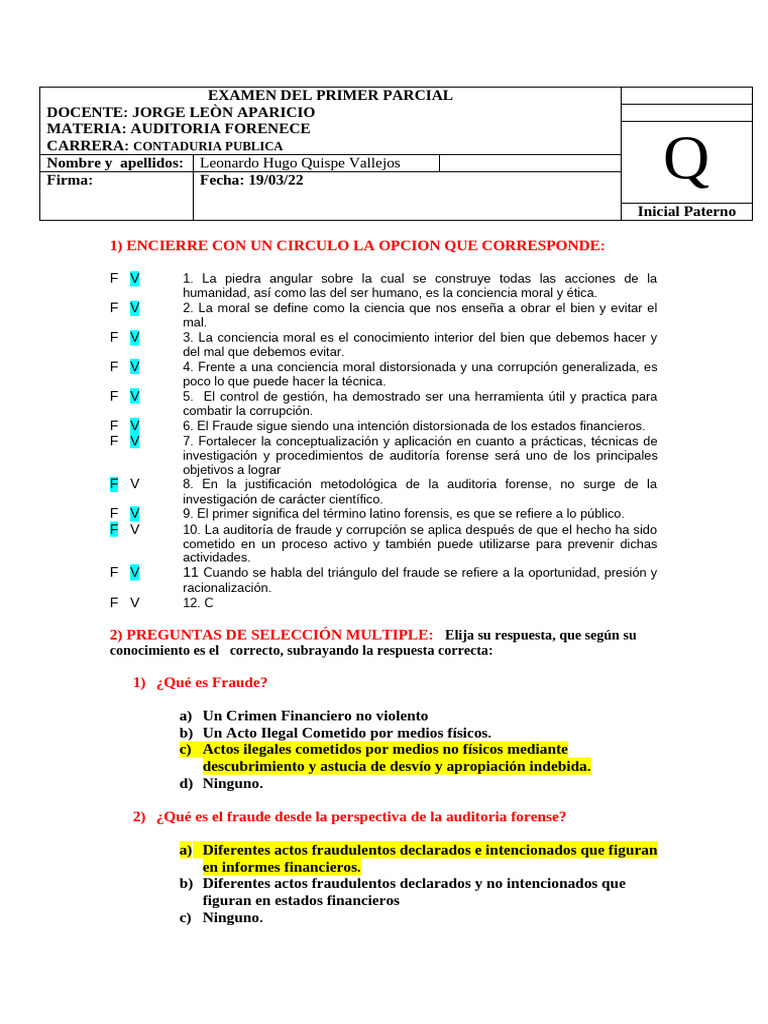 Leonardo Hugo Quispe Vallejos-EXAMEN 1ER. PARCIAL DE AUD. FORENSE.2022 | PDF | Auditoría ...