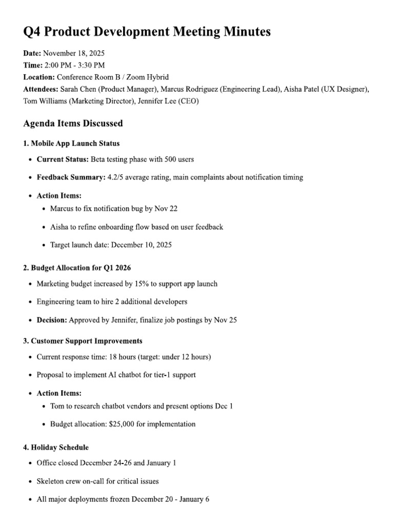 Q4 Product Development Meeting Minutes | PDF