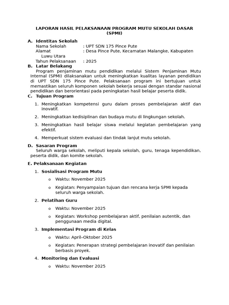Laporan Hasil Pelaksanaan Program Mutu Sekolah Dasar | PDF