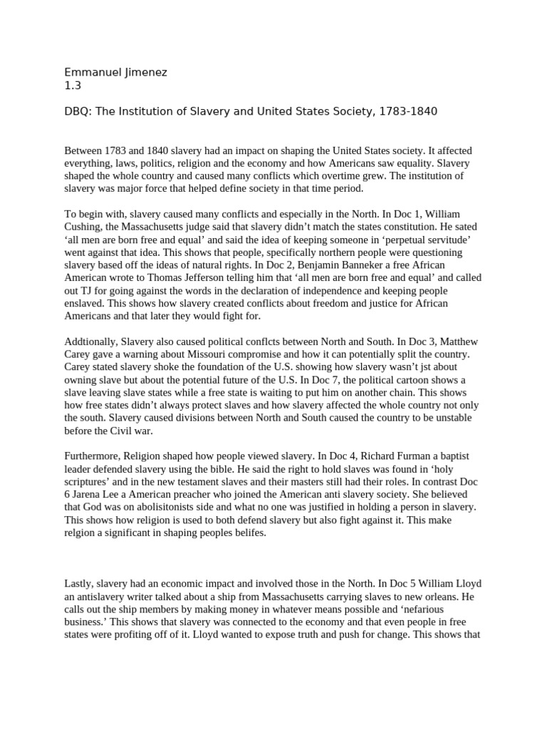 DBQ Instituion of Slavery | PDF | Slavery | Slavery In The United States