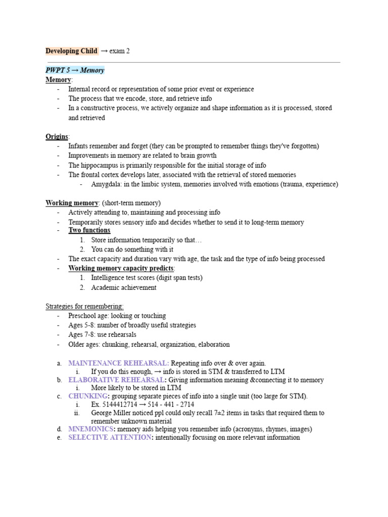 Dev. Child Notes - Final Exam | PDF | Memory | Attachment Theory