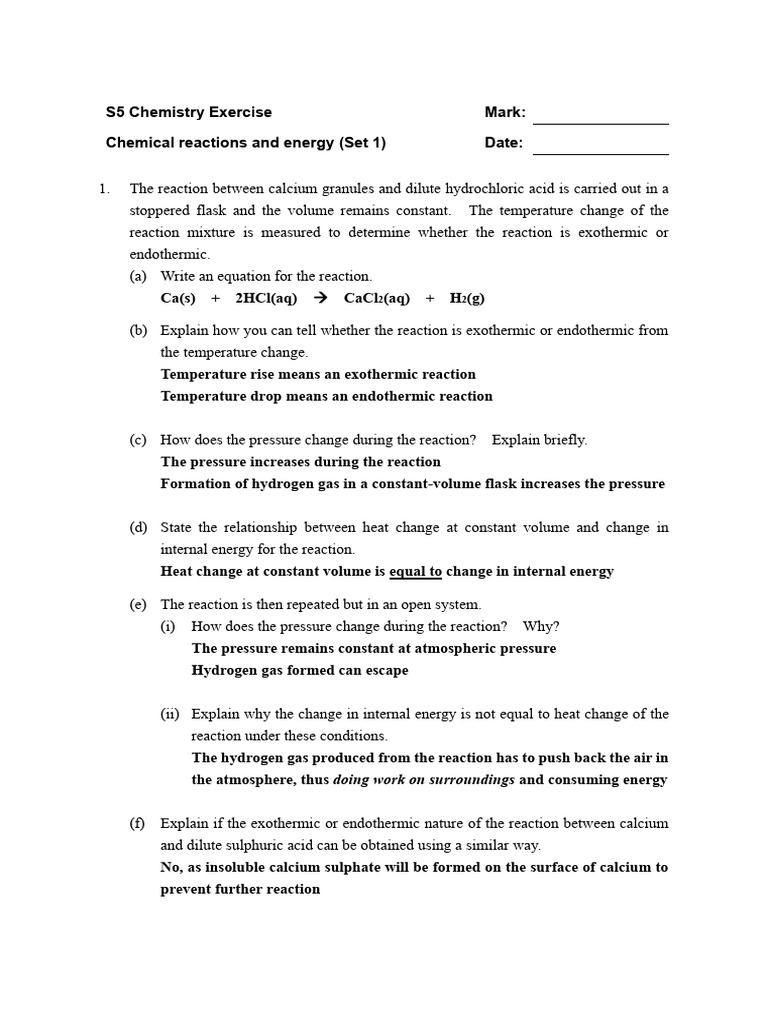 Chemical Reactions & Energy (Set 1) Answer | PDF | Chemical Reactions ...