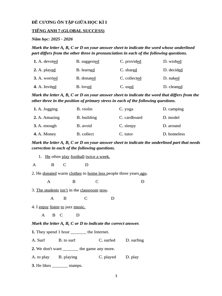 Đề Cương Ôn Tập Giữa Học Kì i Anh 7 Nh 2025-2026 | PDF | Postage Stamp | Common Cold