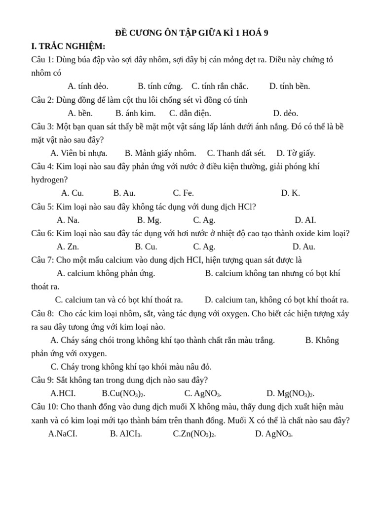 Đề Cương Ôn Tập Giữa Kì 1 Hoá 9 25-26 | PDF