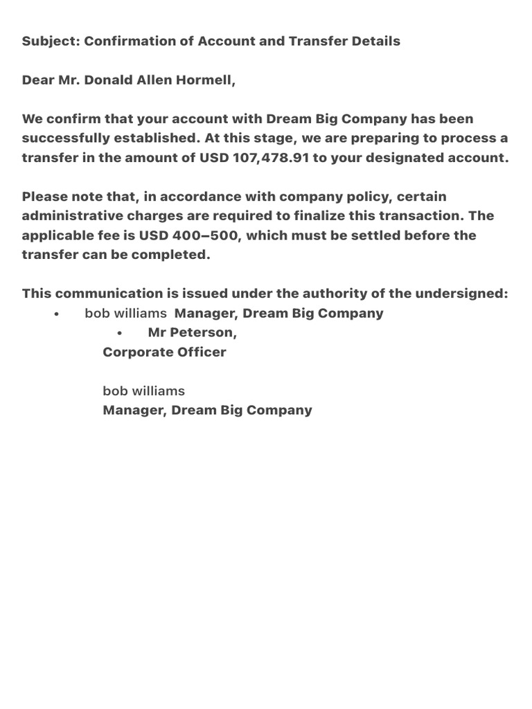 Subject - Confirmation of Account and Transfer Details | PDF