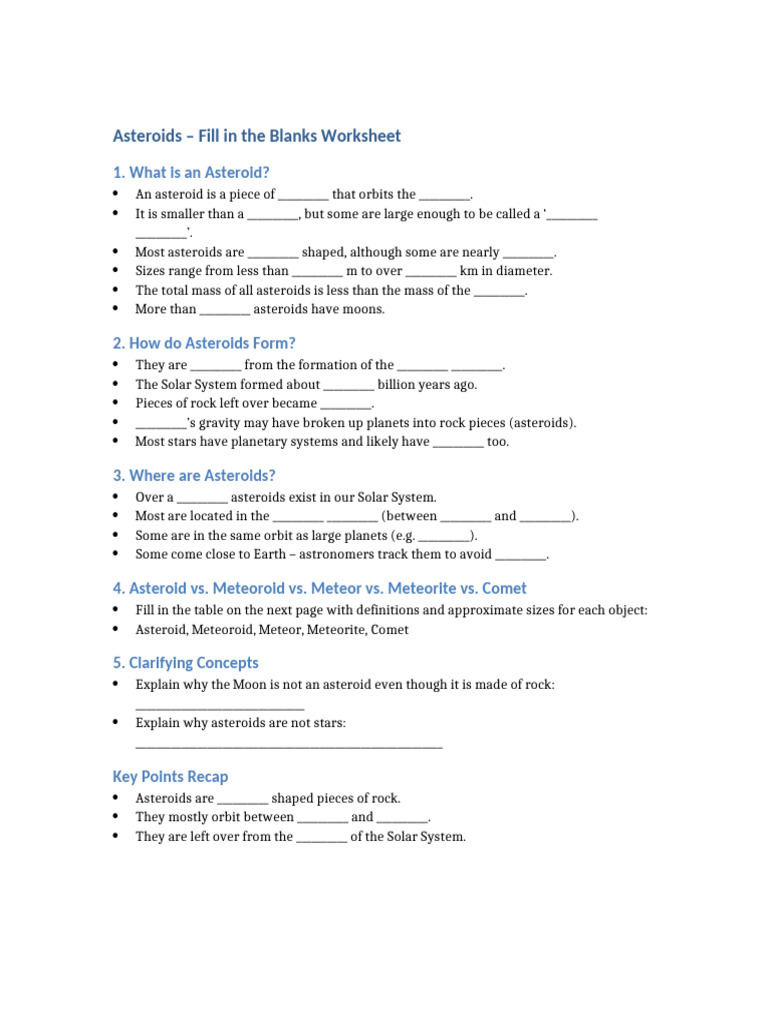 Asteroids_Fill_in_the_Blanks_Worksheet | PDF | Asteroid | Meteoroid