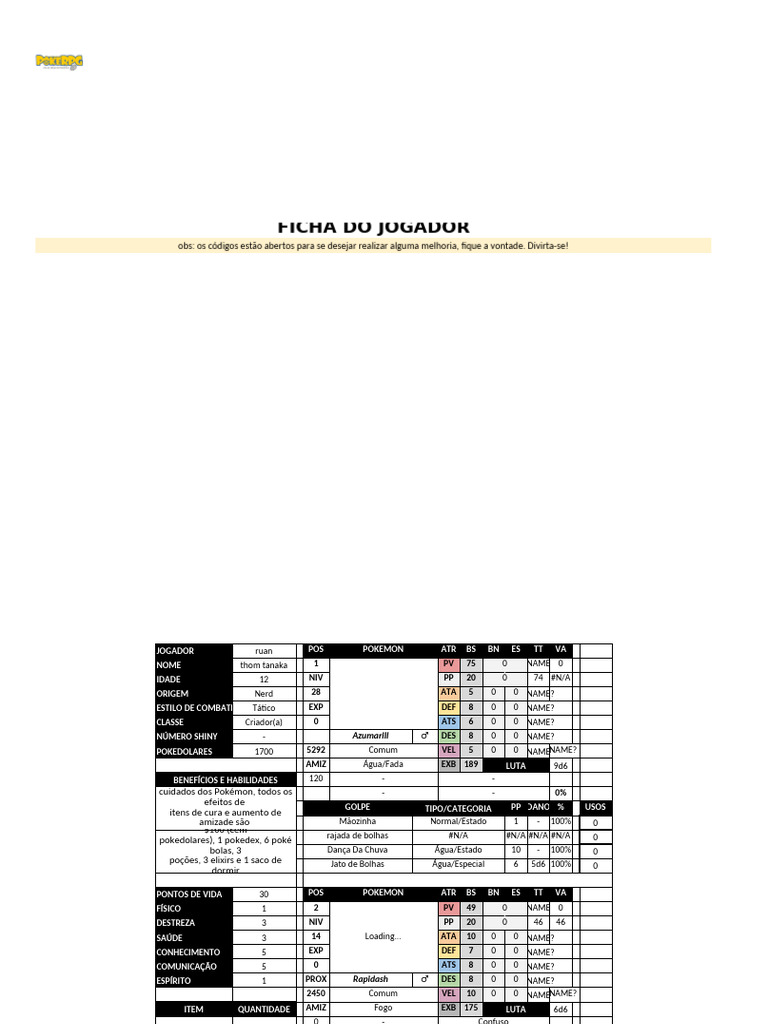 Ficha de Jogador Pokémon Detalhada | PDF | Pokémon | Jogos japoneses