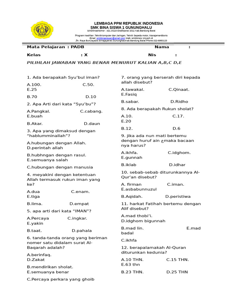Soal Uas Padbp KLS X | PDF
