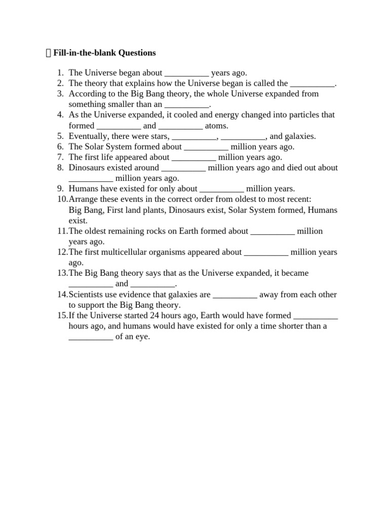Big Bang Theory Fill-in-the-Blank Quiz | PDF | Universe | Big Bang