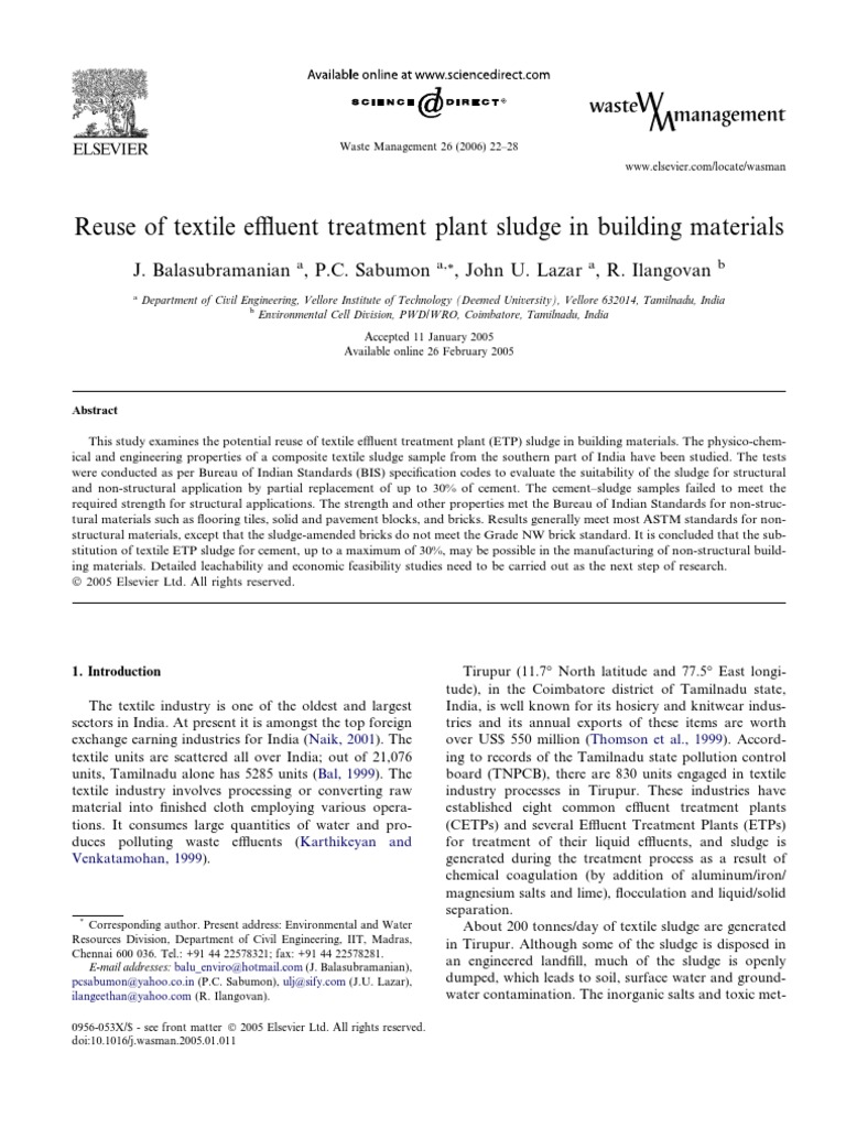 Reuse of Textile e Uent Treatment Plant Sludge in Building Materials ...
