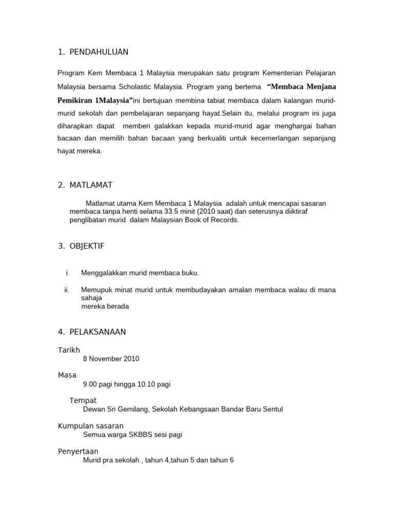 Kertas Kerja Membaca 1 Malaysia | PDF