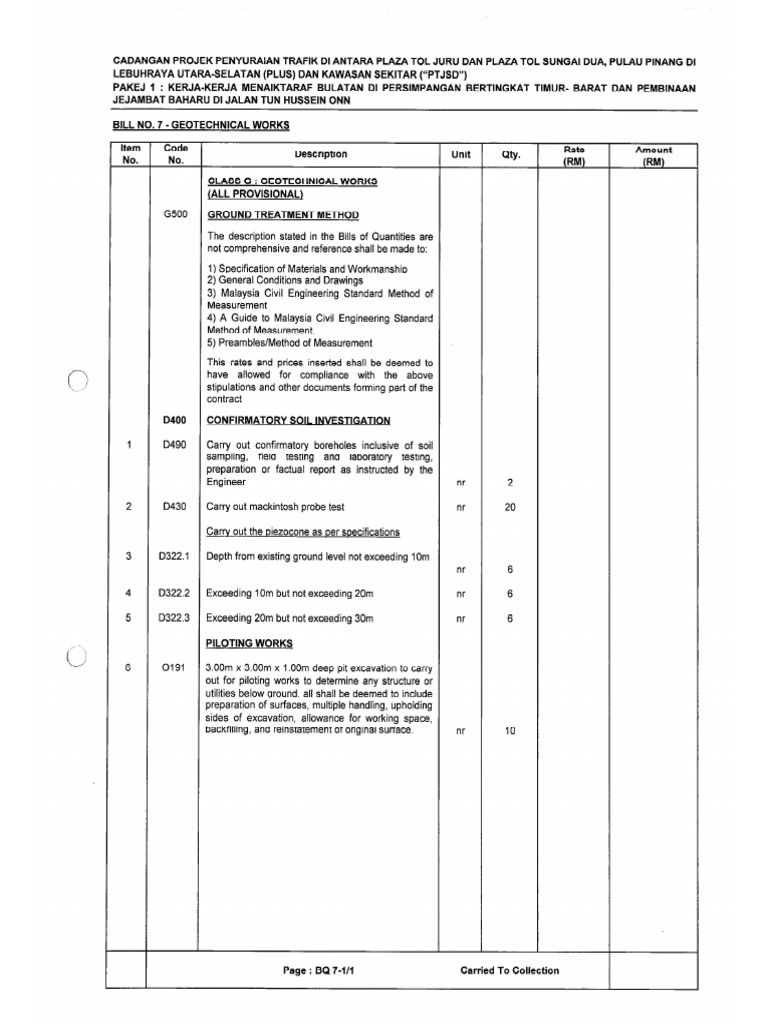 Bill of Quantity (BQ) - Soil Investigation | PDF