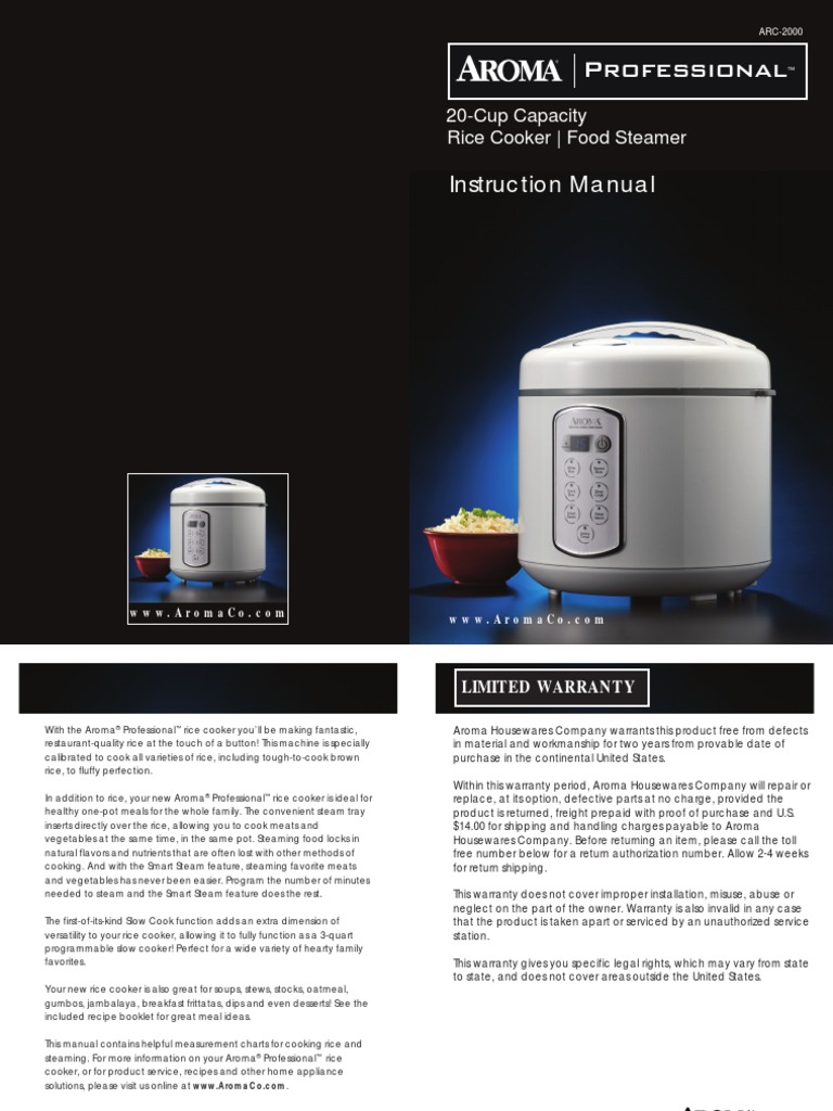 Aroma Rice Cooker Measurement Chart