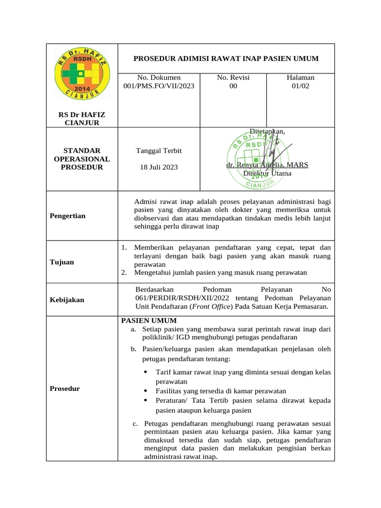 001 SOP Prosedur Admisi Rawat Inap Pasien Umum | PDF