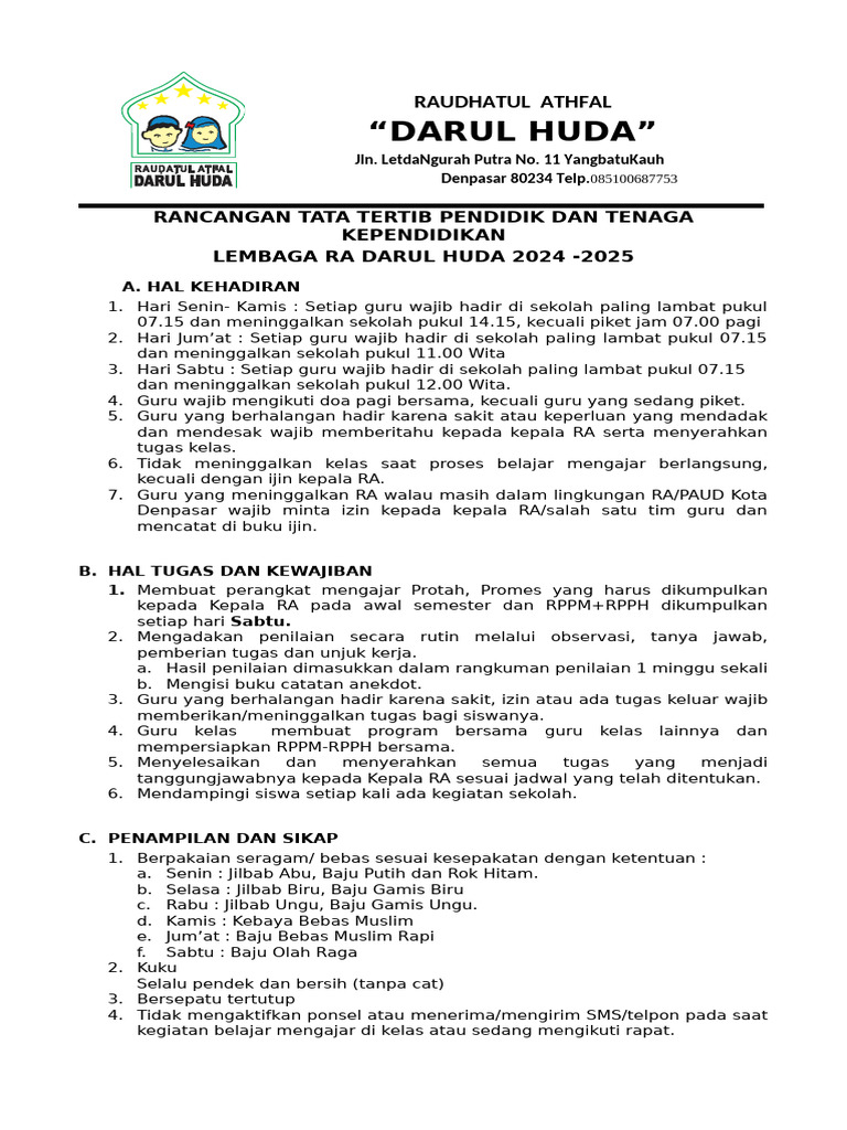 Tata Tertib Guru RA Darul Huda 2024-2025 | PDF