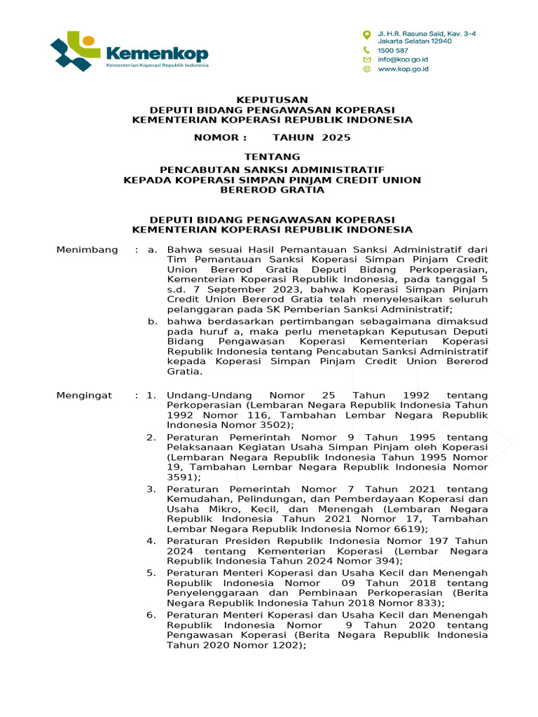 SK_Pencabutan Sanksi KSP CU Bererod Gratia (1).Docx 13 06 2025 | PDF