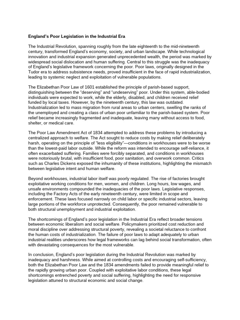 England's Poor Legislation in The Industrial Era | PDF | Poverty ...