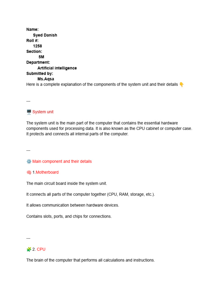 Assignment For ICT... Components of System Unit | PDF | Random Access Memory | Computer Data Storage