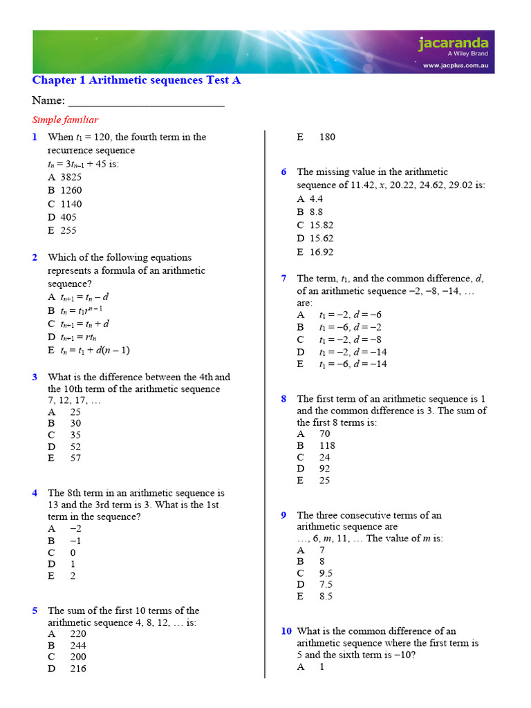 Arithmetic Sequences Test Questions | PDF | Mathematical Objects ...