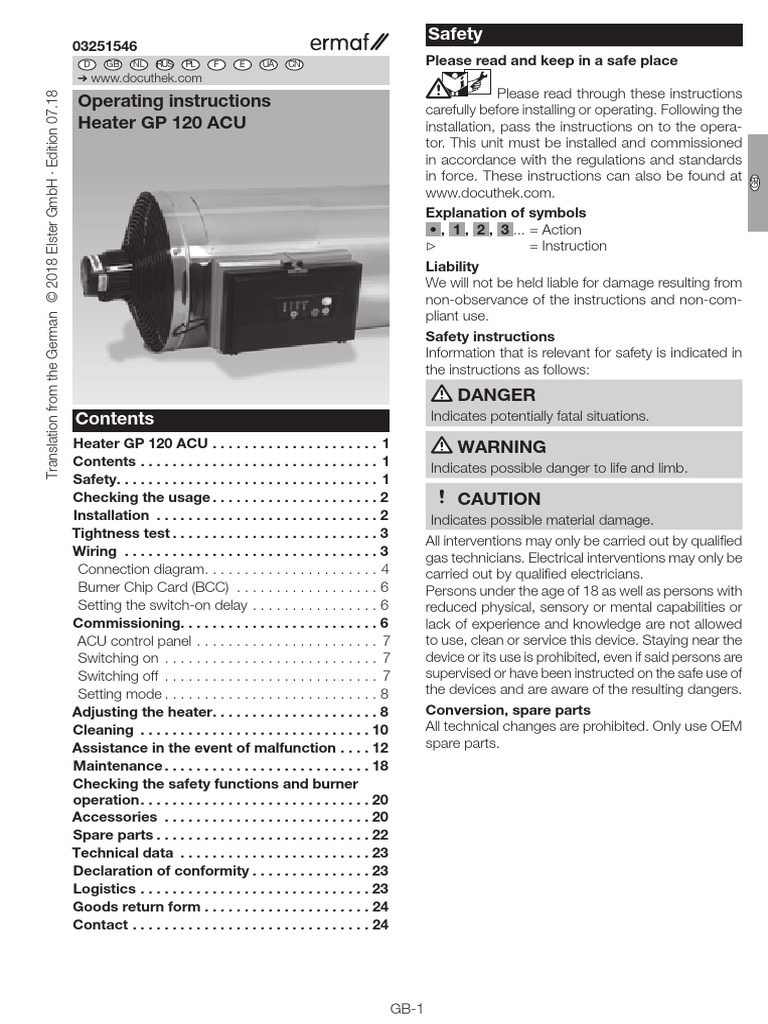 GP 120 ACU Heater Installation Guide | PDF | Thermostat | Power Supply
