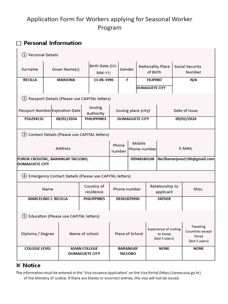 Dumaguete City Seasonal Worker Application Form | PDF | Travel Visa ...