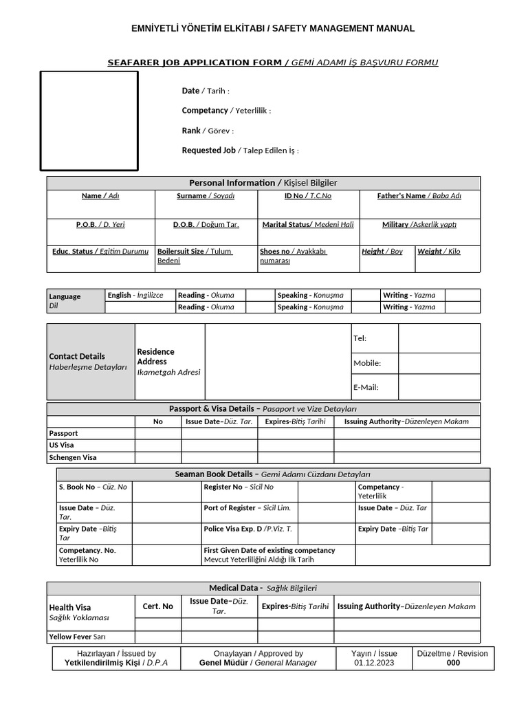 TT-01-CRW Seafarer Job Application Form Gemi Adamı İş Başvuru Formu | PDF
