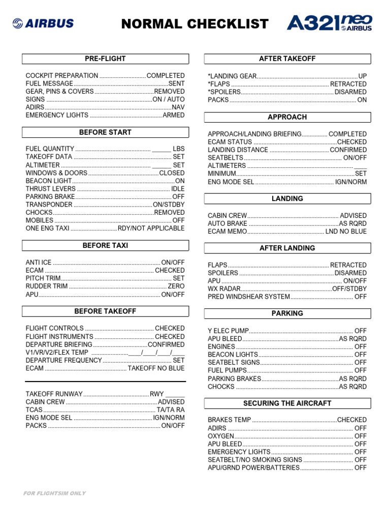 AIRBUS A321 NEO NORMAL CHECKLIST | PDF | Takeoff | Aviation Safety