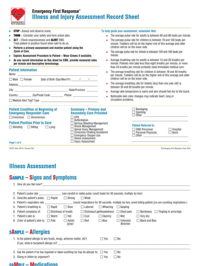 331DT Emergency First Response - Illness and Injury Assessment Record ...